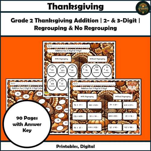 Grade 2 Thanksgiving Addition | 2- & 3-Digit | Regrouping & No Regrouping
