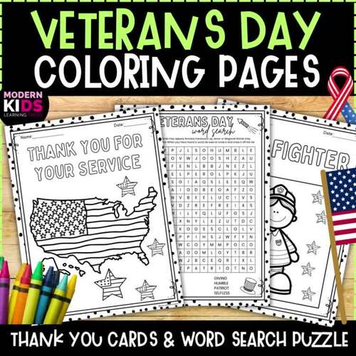 Veterans Day Coloring Pages, Thank You Cards & Word Search Puzzle with ...