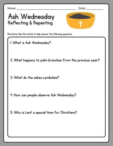 Ash Wednesday Reading Comprehension Activities Ash Wednesday Coloring