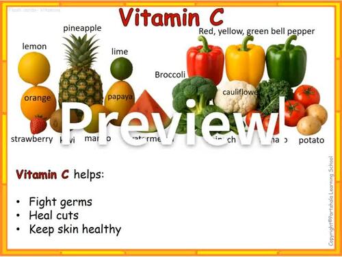 Vitamins–Poster Info Sheets,Flash and Task cards, Worksheets -Real Images