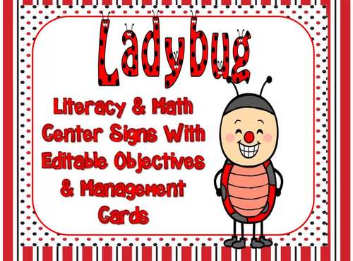 Math and Literacy Ladybug Themed Center Signs With Editable Objectives