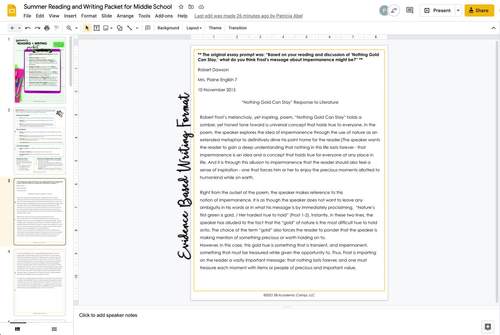 Summer Reading and Summer Writing Packet for Middle School - DIGITAL ...