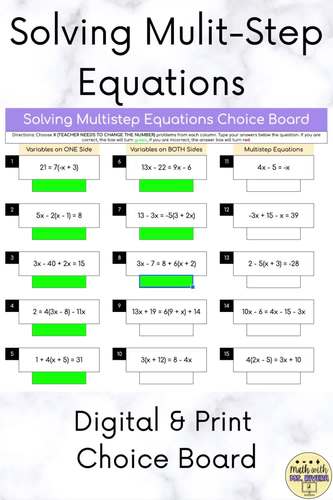 Solving Multi Step Equations Digital and Printable Choice Board | TPT