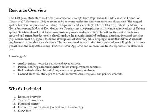 Pope Urban II and the First Crusade DBQ by PBL History & Civics | TPT