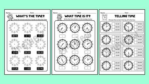 Fun and Easy Telling Time Activities: Hours and Minutes Worksheets