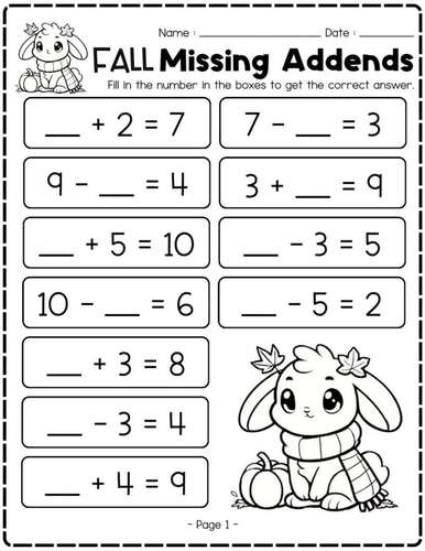 Missing Addends within 10 and 20 – 1st Grade Math Practice Worksheets