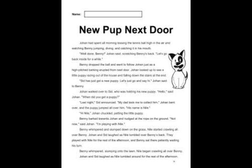 Animals Reading Comprehension Word File 3: New Pup Next Door (Grade 2-3)