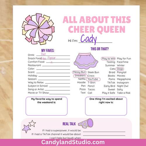 “All About Me” Cheerleading Icebreaker, Team Bonding Printable Worksheet