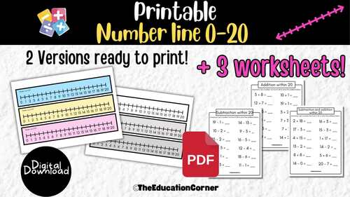 Printable Number Line 0-20 + 3 Practice Worksheets! Instant Download