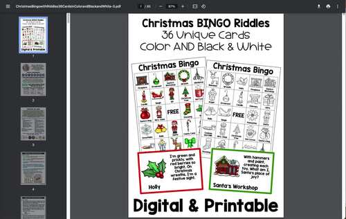 Christmas Bingo - 36 Cards in Color and Black and White by Sheila ...