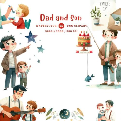 Dad and Son Watercolor Clipart PNG by Adorable Clipart | TPT