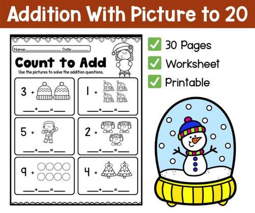 Winter Addition With Picture To 20 | Addition Sums Up to 20 | TPT