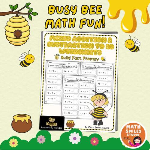 Busy Bee Mixed Addition & Subtraction to 20 Worksheets | Fact Fluency ...