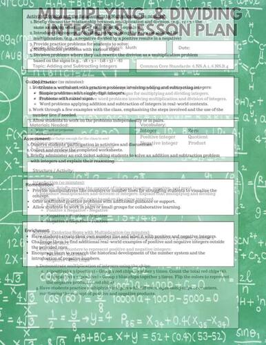 MULTIPLYING AND DIVIDING INTEGERS-Lesson Plan for Middle School Math