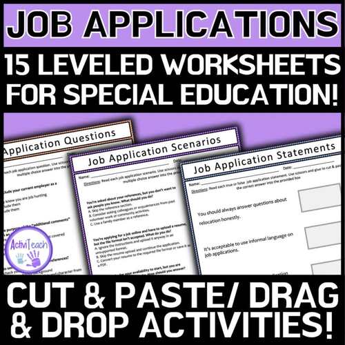 Job Application Cut and Paste Worksheets Special Education Career Readiness