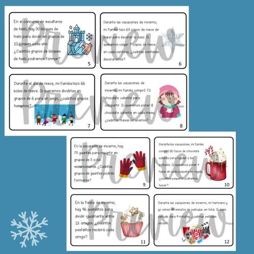 Tarjetas de Problemas de División Invierno by Bilingual Teaching Made Easy