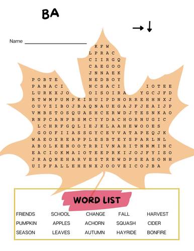 EASY Back to School Fall Wordsearch by Wicked Good Student Study Hall