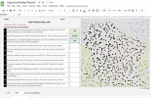 Google Sheets Digital Pixel Art Unit Rate Easter | Spring | Non Seasonal