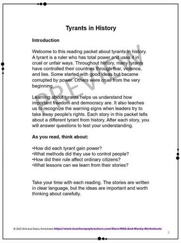 Famous Tyrants: Pre-GED Reading (NRS 3: 4th - 5th Grade Level) | TPT