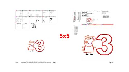 Peppa Pig Birthday Number 3 Applique Design - Instant Download by Aneta H