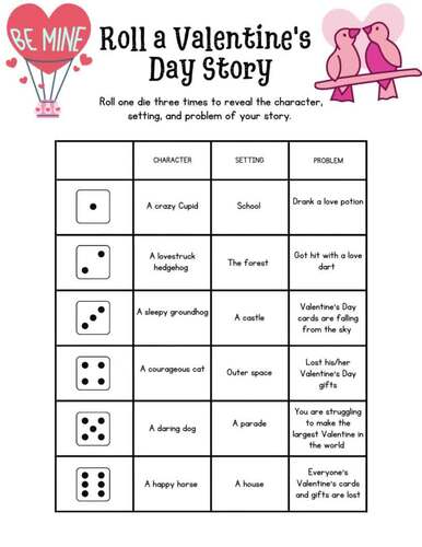 Roll and Write a Valentine's Day Story Creative Writing Center for February