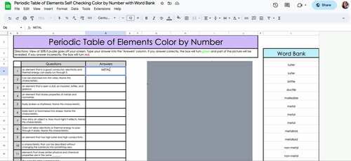 Periodic Table of Elements Digital Self Checking Color by Number
