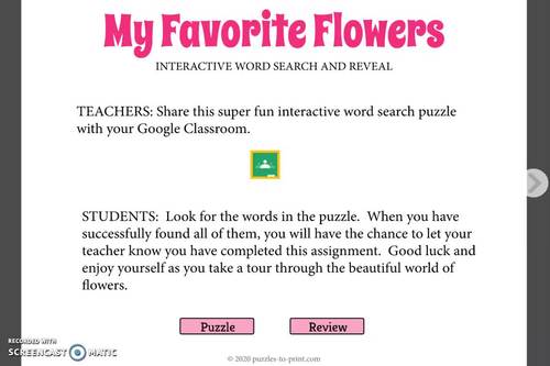 Interactive DIGITAL Flowers Word Search & Review by Puzzles to Print