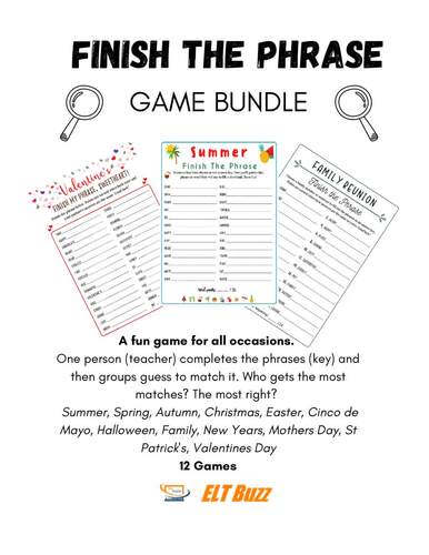 Finish The Phrase. Vocabulary. Game. Guessing. Holidays. Fun. ELA. ESL.
