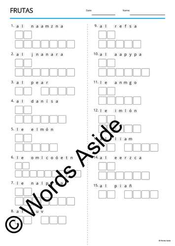 Spanish Word Games Copy Crossword Word Search Anagram FRUITS by Words Aside