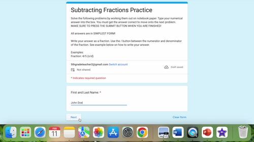 Subtracting Fractions Google Forms with unlike denominators (Self-Grading)