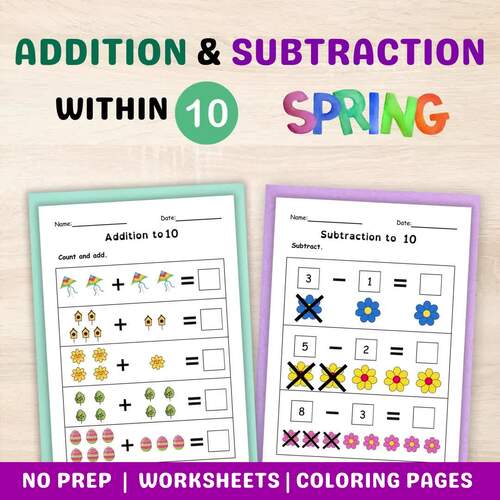 Addition and Subtraction within 10 Worksheets using Visuals SPRING - SPED