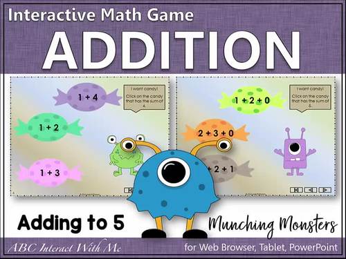 Addition to 5 Kindergarten Interactive Math Game {Munching Monsters}