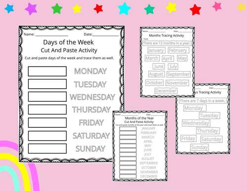 Printable Weekdays and Months Activity Worksheets, Cut and Paste Activity