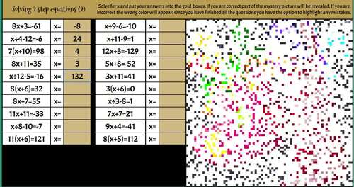 Solving 2 Step Equations Integer Variables Christmas Math Pixel Art