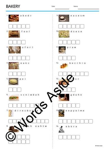 Vocabulary Puzzle Writing Worksheets Crossword Word Search Anagram BAKERY