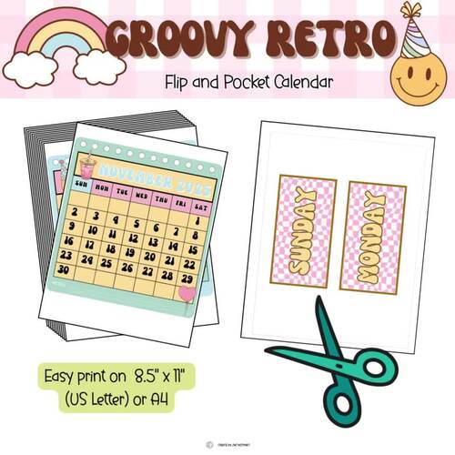 Editable Groovy Retro Pastel Classroom Decor Daily Flip Calendar Pocket Kit