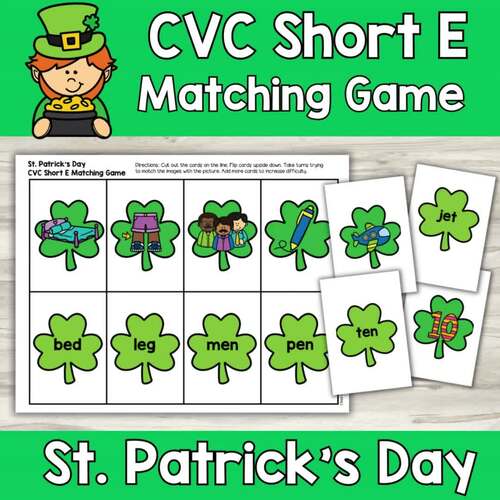 St. Patrick's Day CVC Short E Vowels Matching Game Kinder 1st 2nd grade ...