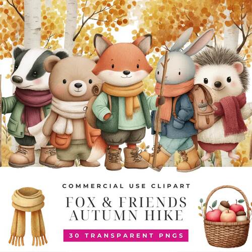 Fox & Friends Autumn Hike Watercolor Clipart by Ikota Design | TPT