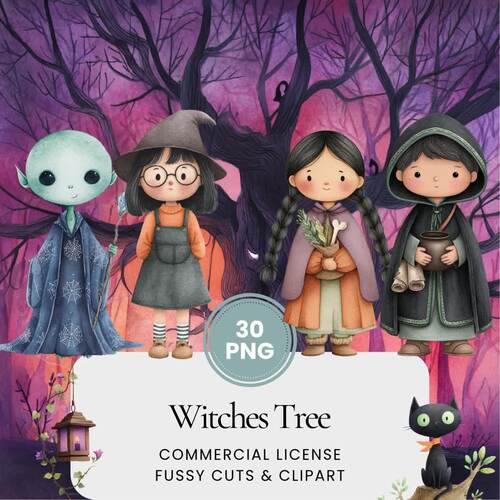 Witches Tree Halloween Watercolor Clipart by Ikota Design | TPT
