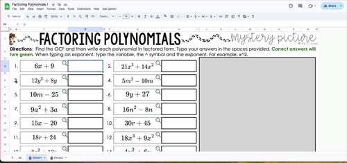 Factoring Polynomials Google Sheets™ Factoring Trinomials Mystery ...