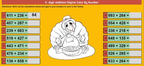 Digital Colr by Number NO PREP - Turkey with Pie 3-digit Addition
