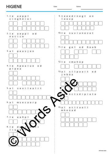 Spanish Word Games Copy Crossword Word Search Anagram HYGIENE by Words ...