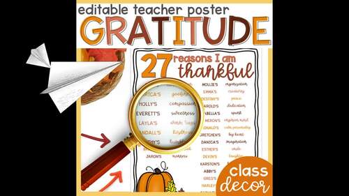 Thanksgiving Classroom Fall Decor Poster | Editable Teacher Gratitude ...
