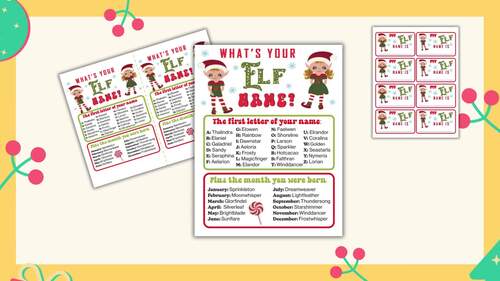 What's your Elf Name Game Christmas Activity Name Tags Sign Eve Box Winter