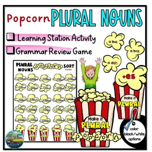 Popcorn Plural Nouns Sorting Game | Fun Grammar Review Station Activity