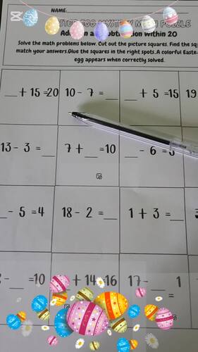 Easter Egg Mystery Math Puzzle(Cut&Paste)Adding Two-Digit with Regrouping