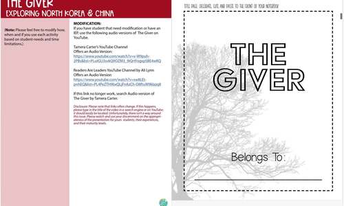 The Giver Novel Book Study: North Korea and China, Ch 9 & 10, Geography ...