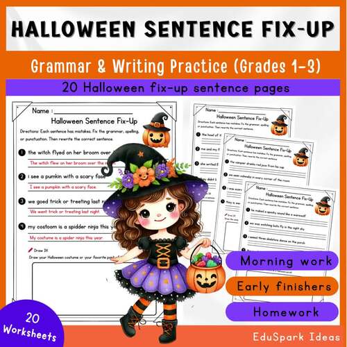 Halloween Sentence Fix-Up Worksheets | Grammar & Writing Practice ...