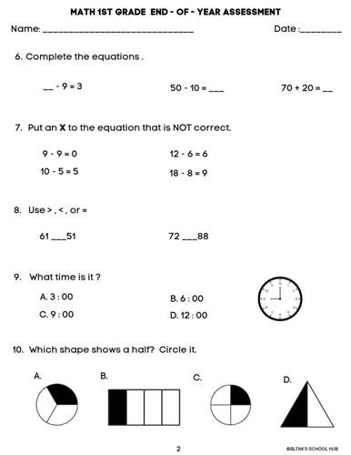 1ST GRADE MATH END-OF-YEAR COMMON CORE ASSESSMENT|PLACEMENT|DIAGNOSTIC ...