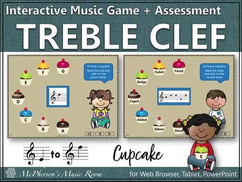 Treble Clef Note Names Interactive Music Game + Assessment {Cupcakes}